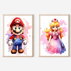 Set of 4 Super Mario Wall Art - Watercolor Painting, Princess Peach ...