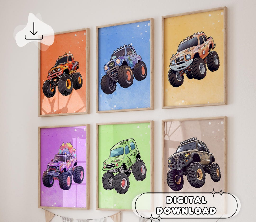 Set of 6 Printable Moster Truck Wall Art - Poster for Kids, Nursery ...
