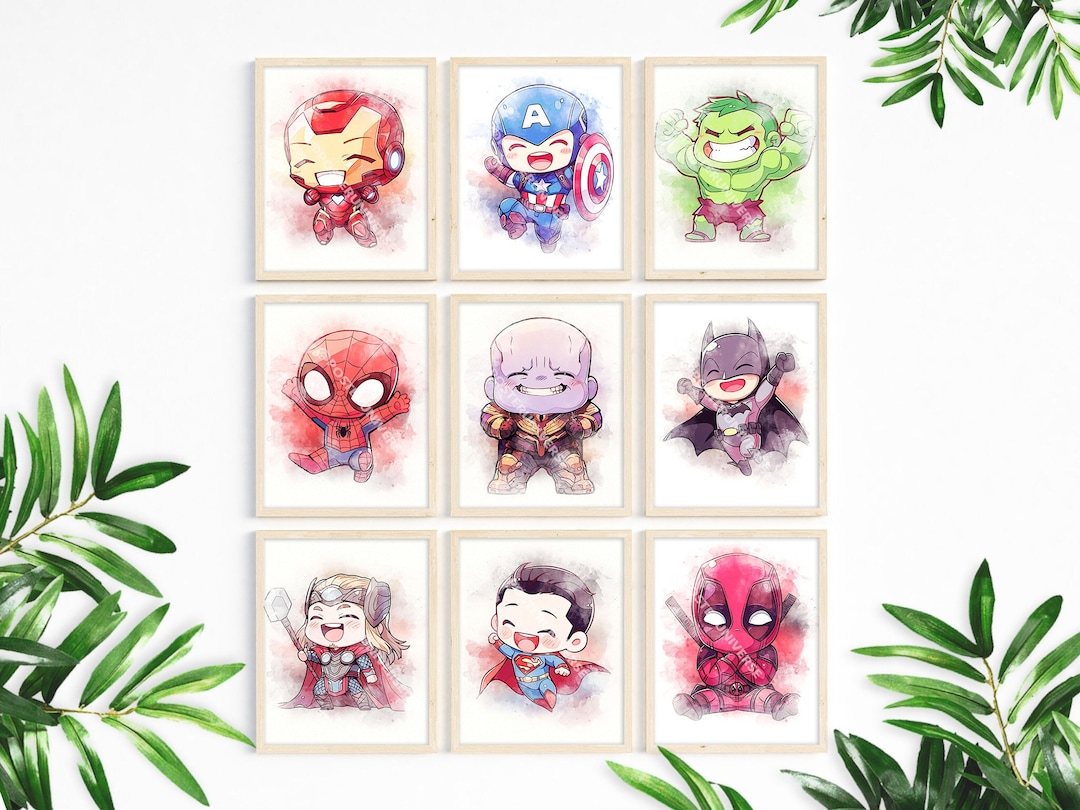 Set of 9 Superheros Poster- Popular Characters, Poster Set, Nursery ...