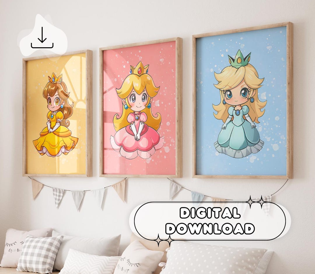 Chibi Super Mario Princesses Posters - Digital Print, Watercolor Poster ...