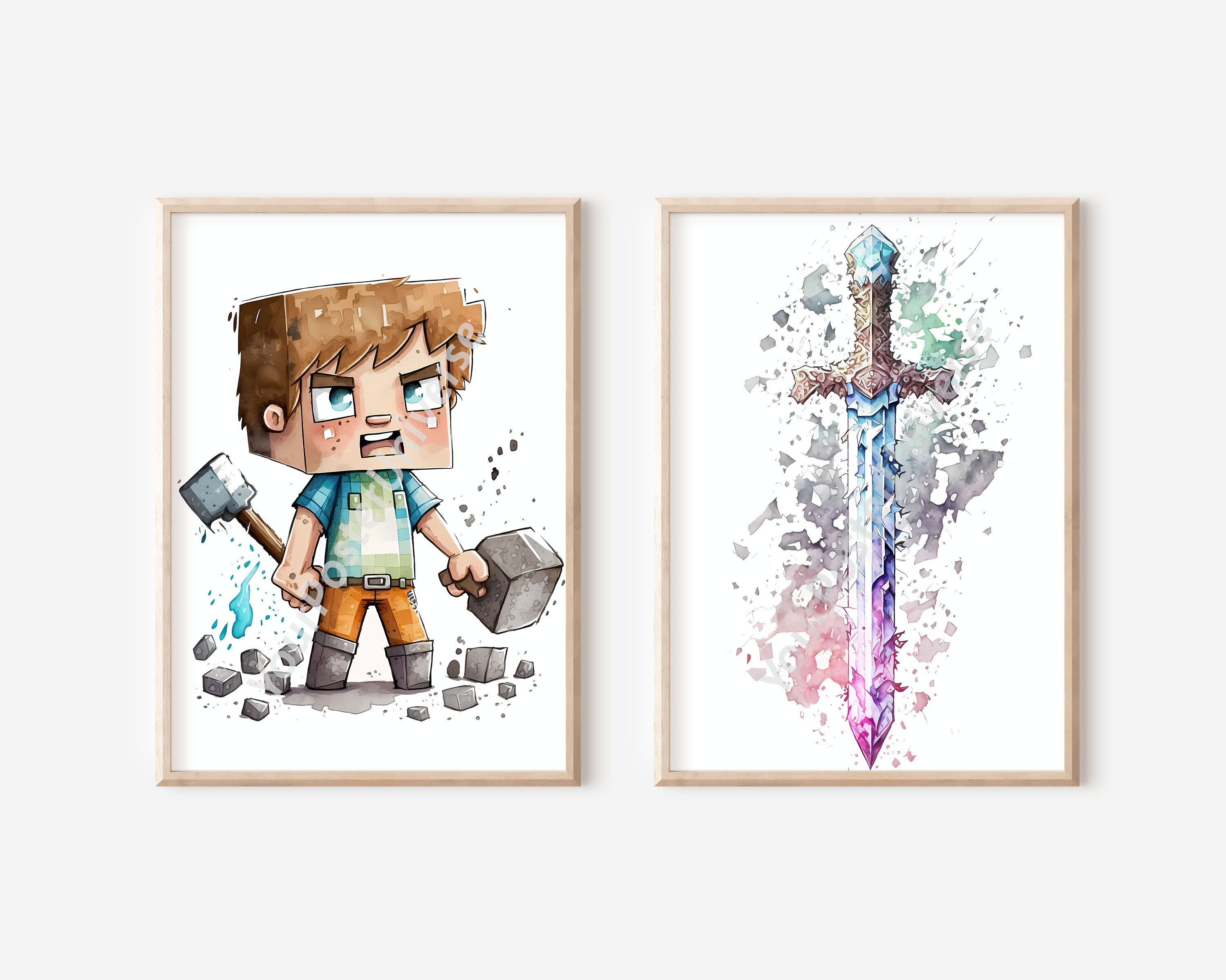 Gentle Watercolor Minecraft Poster Set Prints for Kids, Wall Art, Wall ...