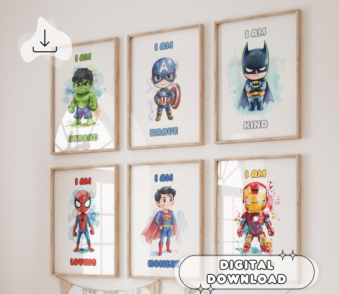 Set of 6 Popular Superheros Poster - Wall Decor, Kids Room Decor, Boys ...