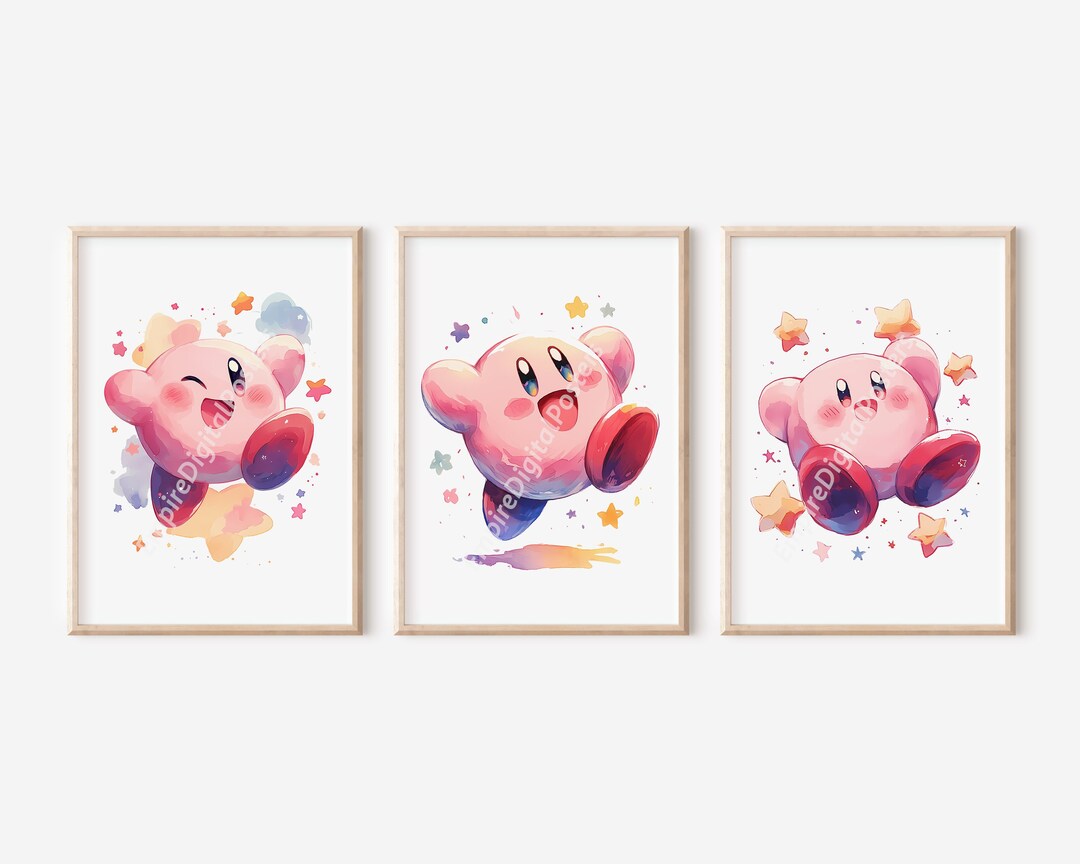 Set of 3 Kirby Watercolor Posters Wall Decor, Chibi Style, Nursery ...