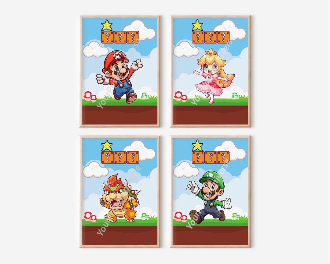 4 Cartoon Super Mario Bros Posters - Gaming Room Decor, Prints for Kids ...