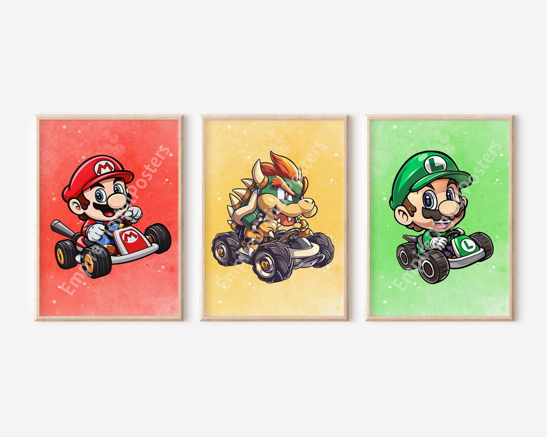 Set Of 3 Watercolor Mario Kart Posters Mario And Luigi Bowser Wall