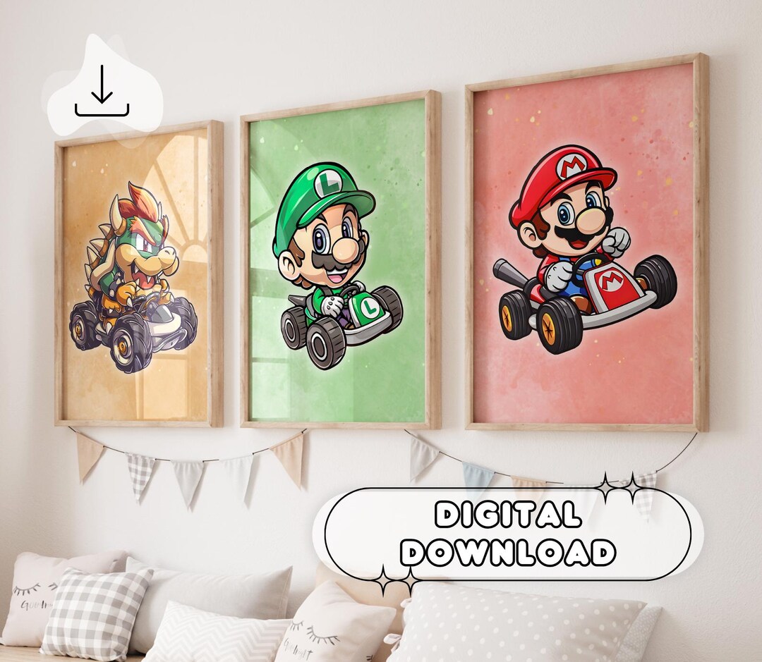 Set Of 3 Watercolor Mario Kart Posters Mario And Luigi Bowser Wall