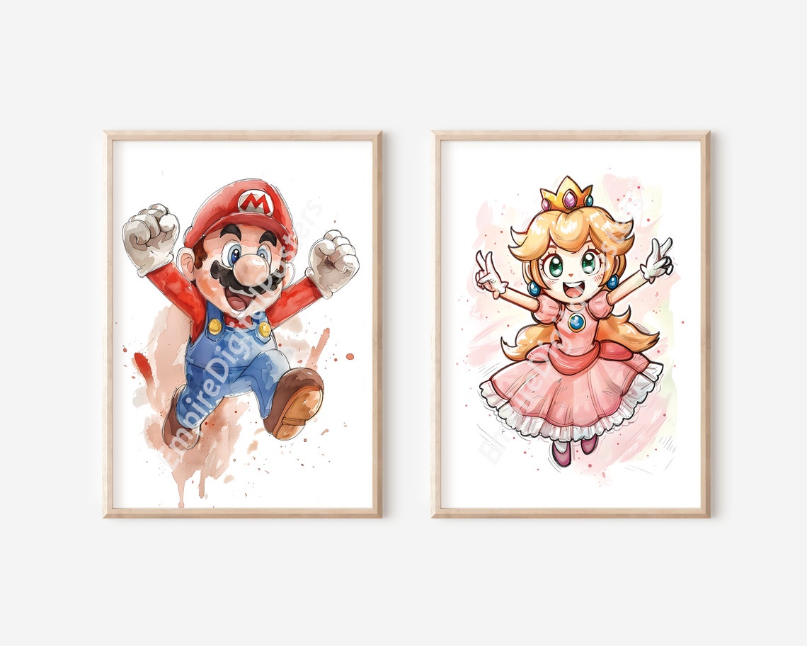 6 Super Mario Posters Watercolor Mario Wall Art, Prints for Kids, Mario ...