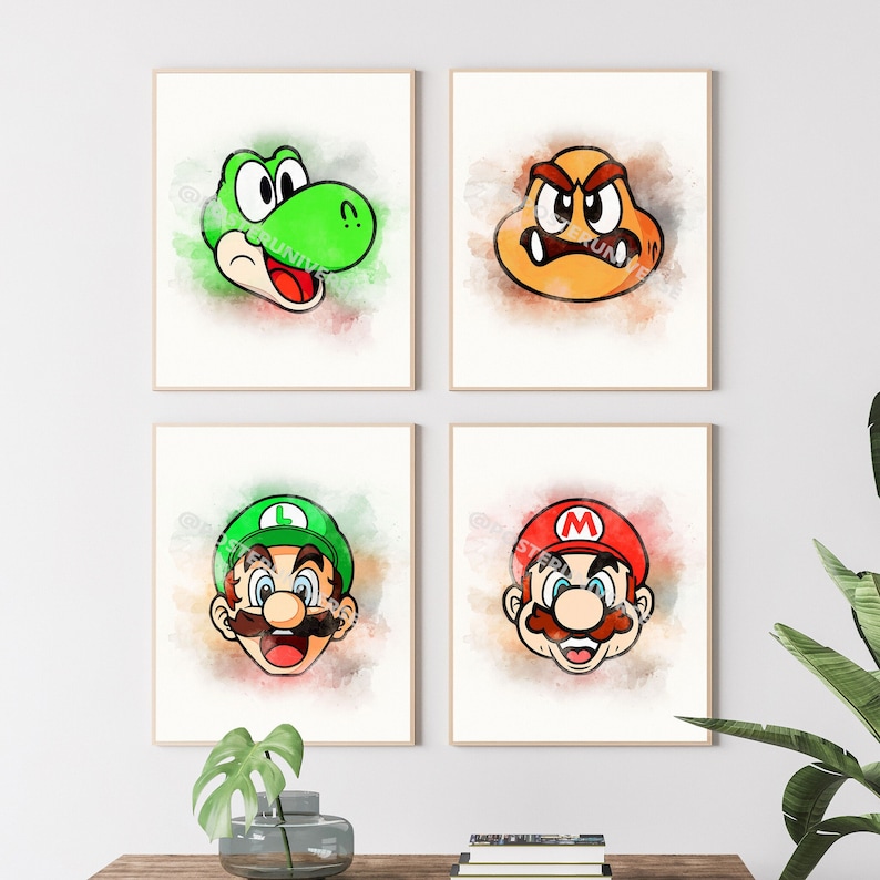 Faces of Mario Characters Printable Poster Set Watercolor - Etsy