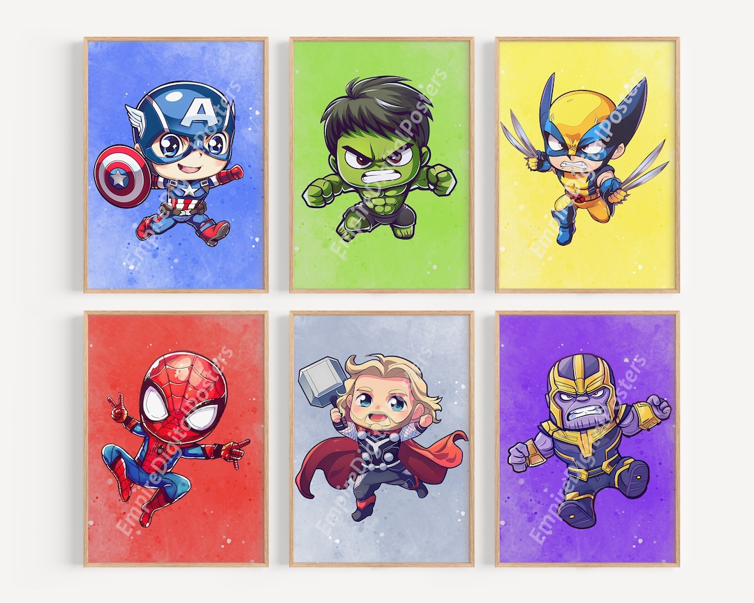 Set of 6 Watercolor Drawing Superheroes - Digital Prints, Superheroes ...