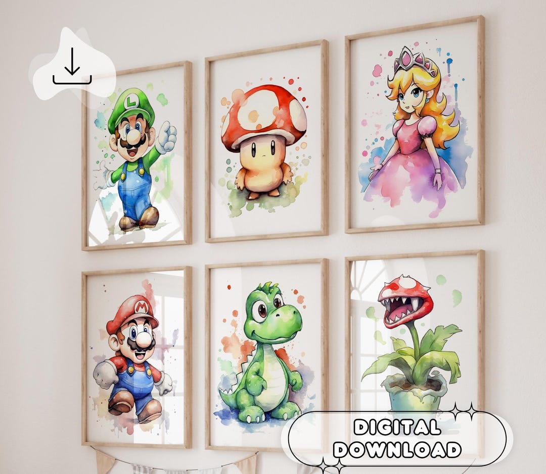Set of 6 Watercolor Mario - Prints for Kids, Wall Decor, Nursery Decor ...