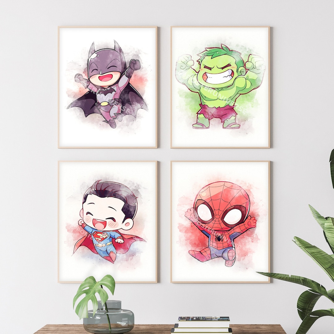 Lovely Superhero Poster Art - Set of 4 Poster, Wall Decor, Nursery Room ...
