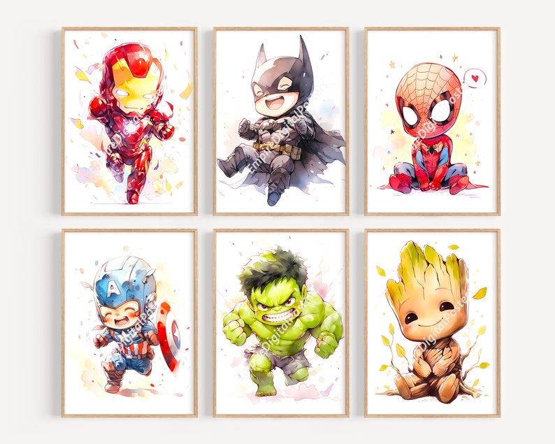 Set of 6 Superhero Wall Art Nursery Prints, Wall Art, Superhero Kids ...