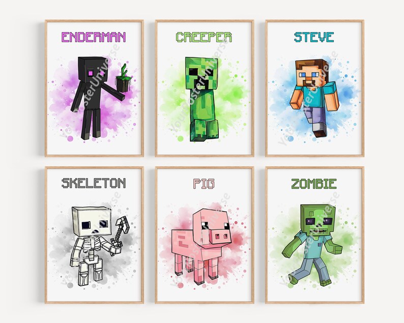 6 Watercolor Minecraft Posters Minecraft Wall Art, Kids Room Decor ...