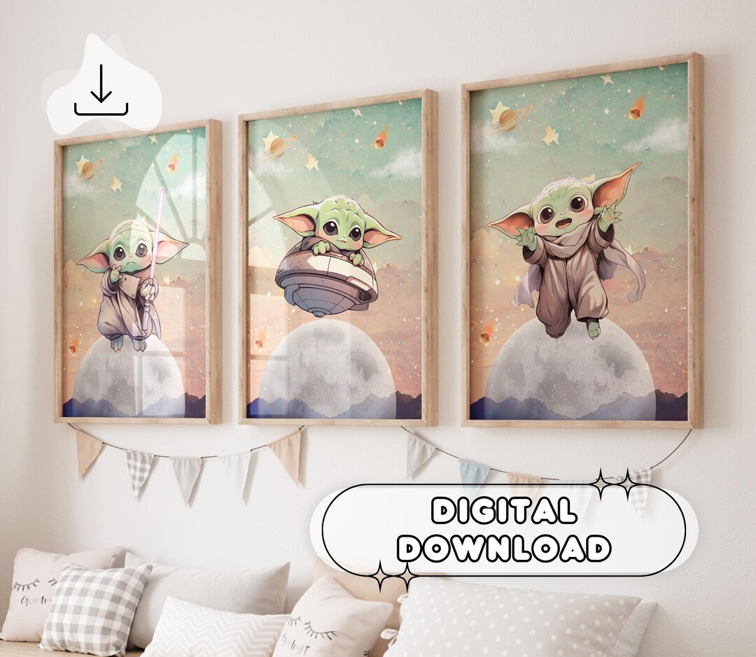 3 Watercolor Baby Yoda Space Poster - Cosmos Wall Art, Kids Room Decor ...