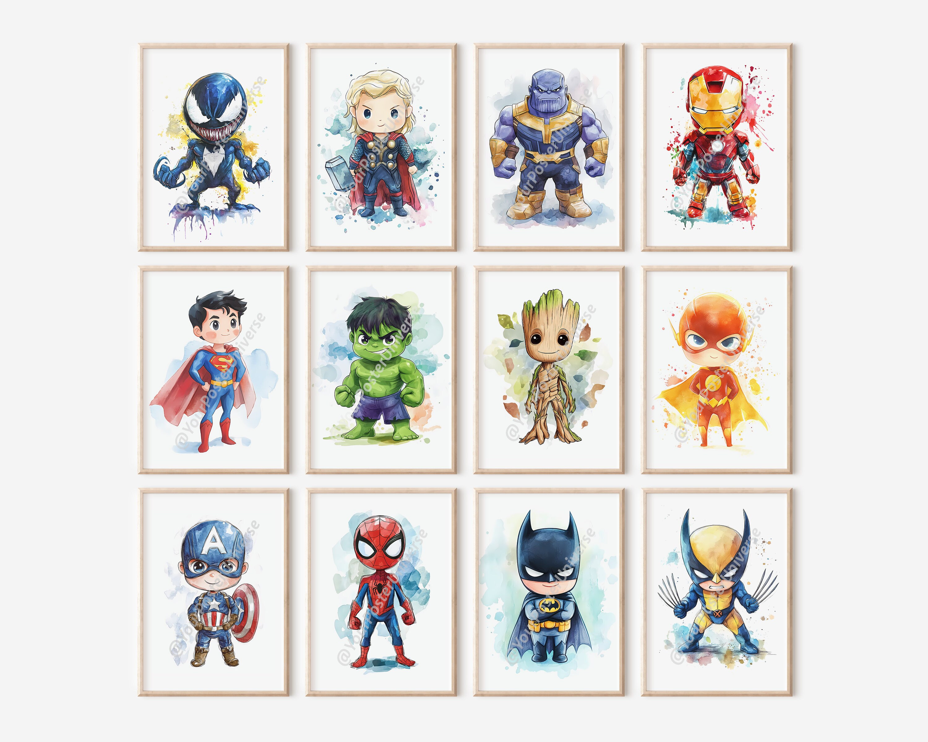 Set of 12 Superheroes Drawing Posters Wall Decor, Superheroes Decor ...