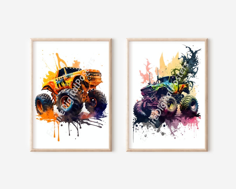 Set of 6 Watercolor Monster Trucks Clipart - Kids Room Decor, Boys ...