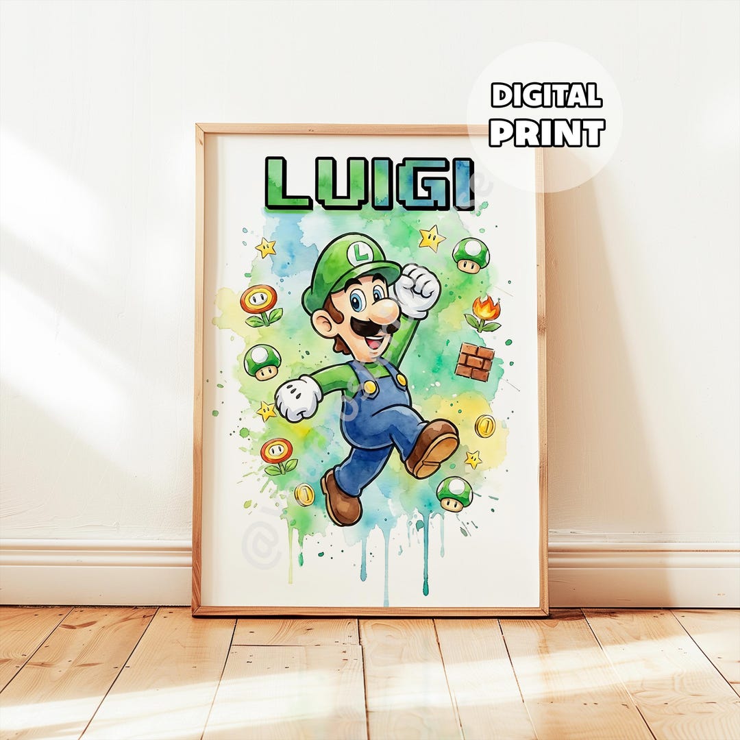 Hand-drawing Watercolor Luigi Prints - Mario and Luigi Poster, Nursery ...