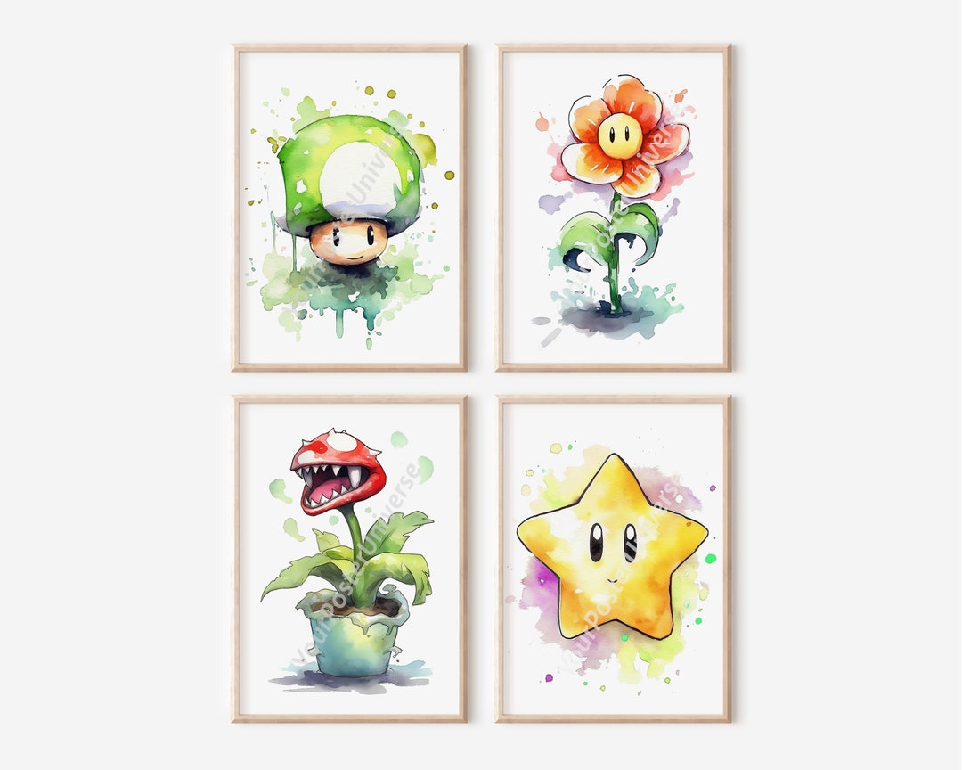 Set of 4 Super Mario Characters - Super Star, Fire Flower, Nursery ...