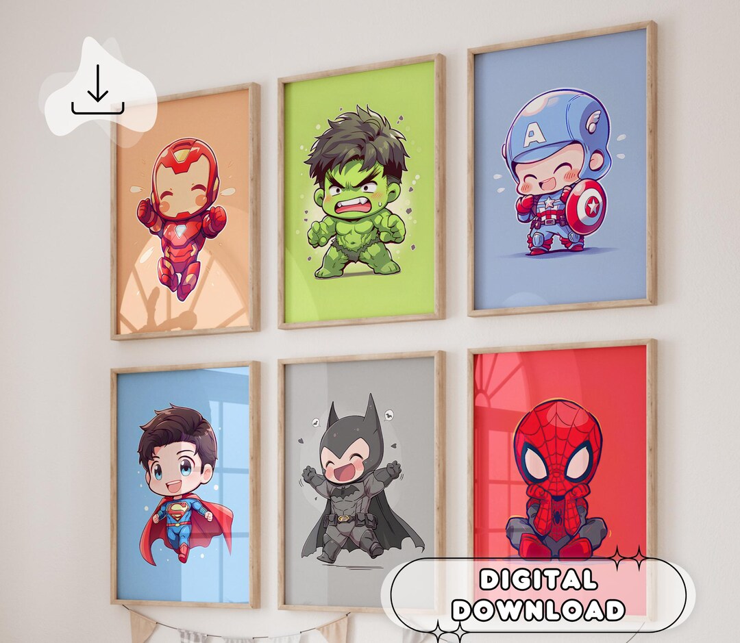Set of 6 Cartoon Superhero Posters - Clipart for Kids, Baby Room Shower ...