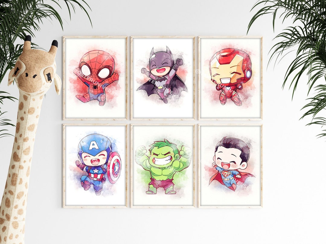 Superhero Poster Set - Gift for Kids, Chibi Style, Watercolor Art, Wall ...