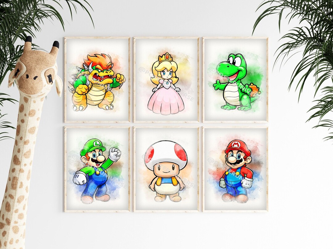 Set of 6 Nursery Super Mario Posters - Watercolor Wall Art, Super Mario ...