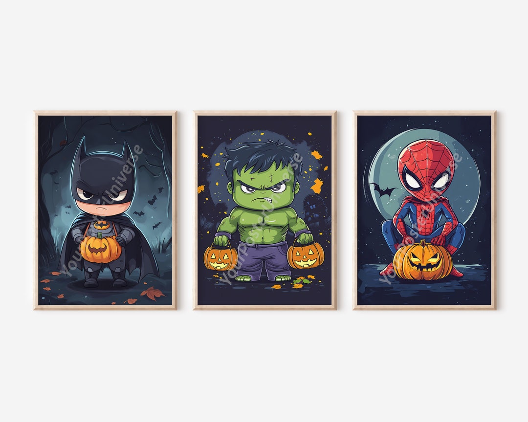 3 Halloween Superhero Posters - Cartoon Drawing, Wall Art, Halloween ...