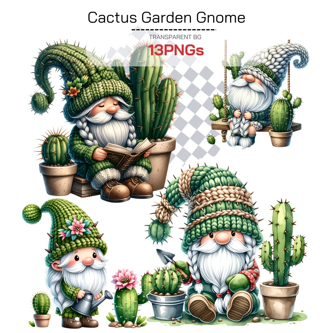 Flowering Cactus Gnome Clipart - Cute Watercolor Garden Gnomes Bundle ...