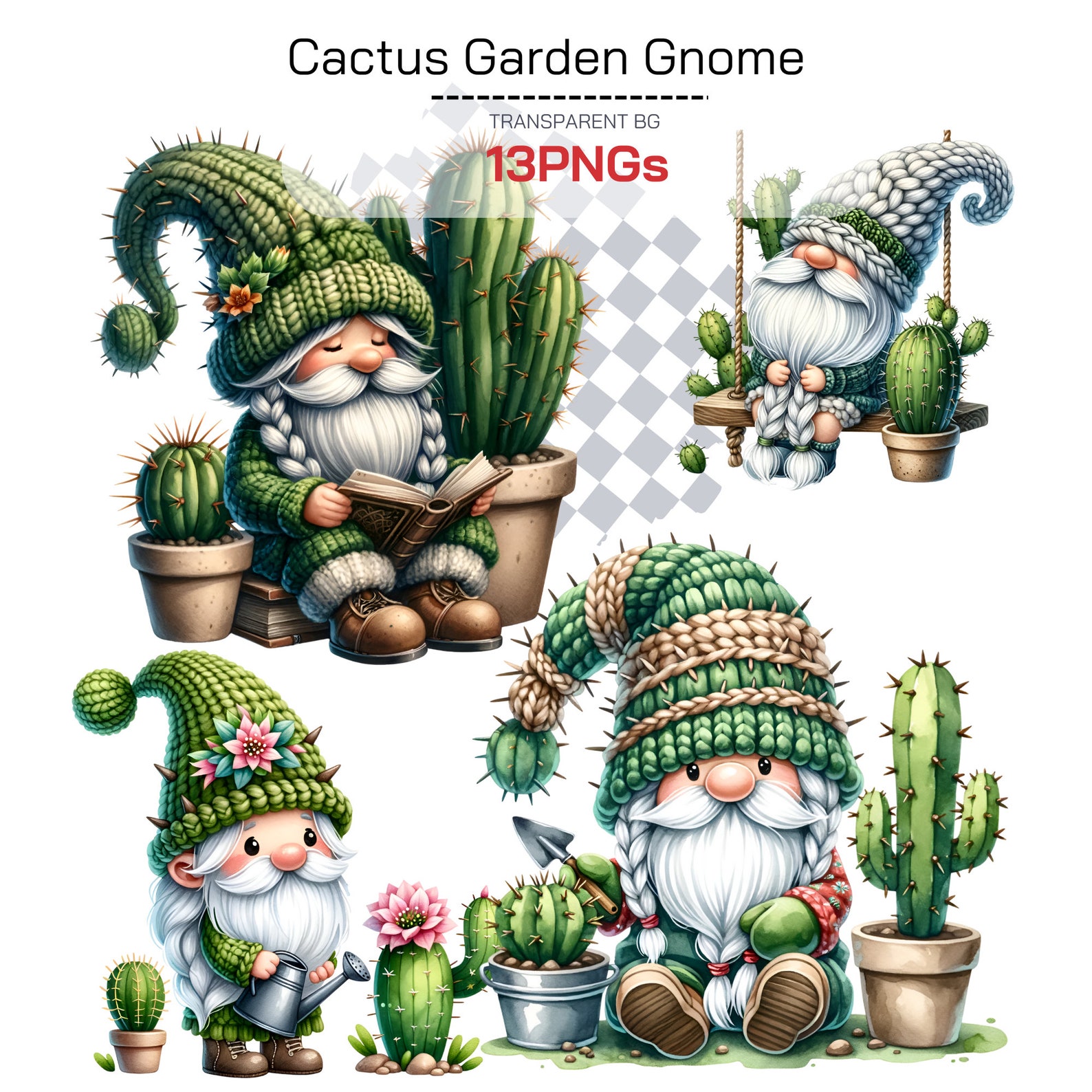 Flowering Cactus Gnome Clipart - Cute Watercolor Garden Gnomes Bundle ...