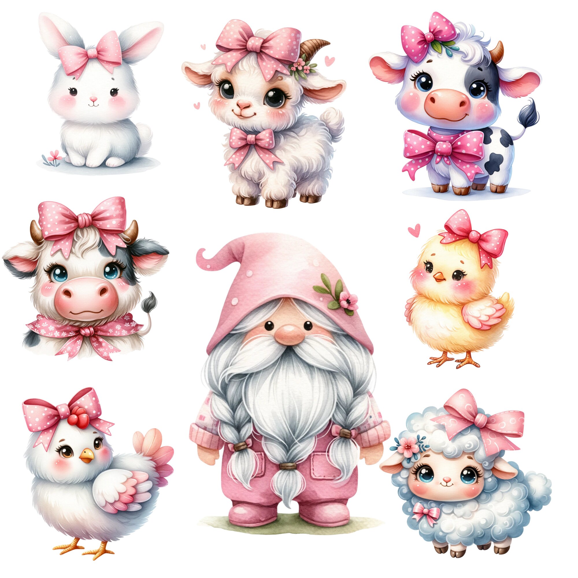 Pink Farm Clipart and Watercolor Animals Bundle Png Collection ...