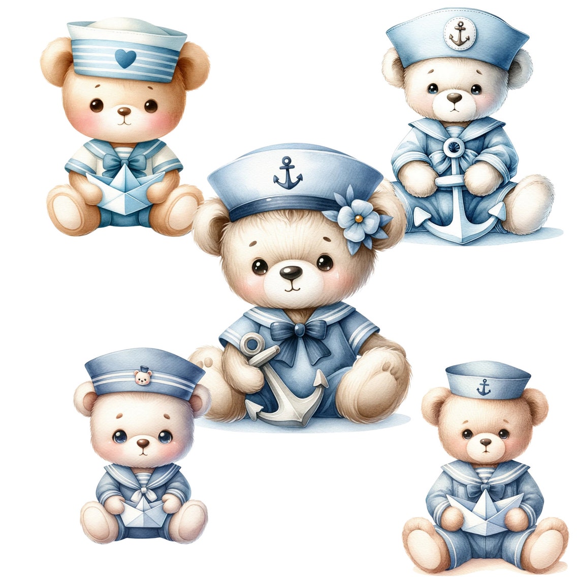Blue Teddy Bear Baby Shower Clipart Cute Bear in Sailor Ocean. Boho ...