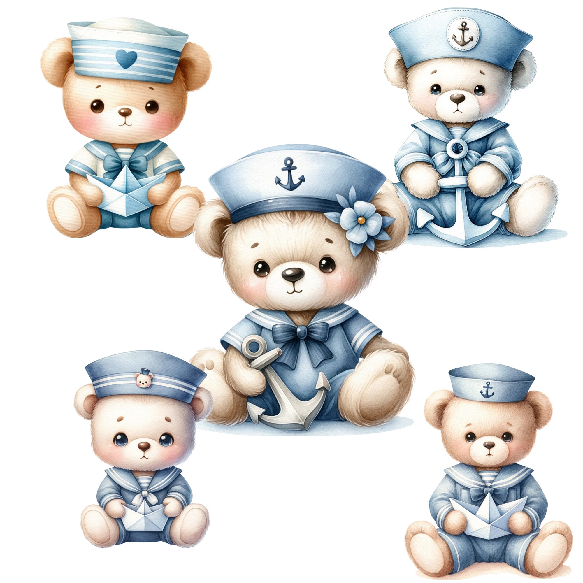 Blue Teddy Bear Baby Shower Clipart Cute Bear in Sailor Ocean. Boho ...