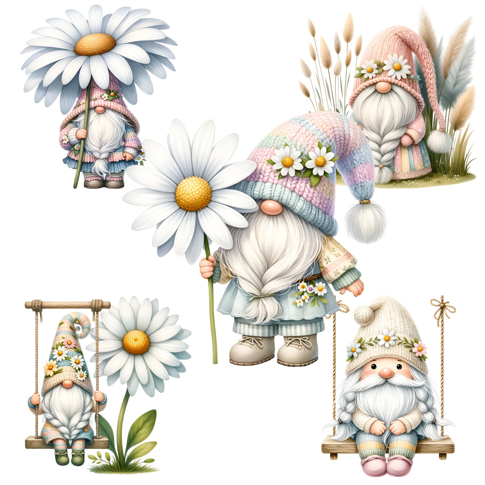 Cute Spring Gnomes With Daisy Flowers Clipart - 14 PNG Watercolor ...