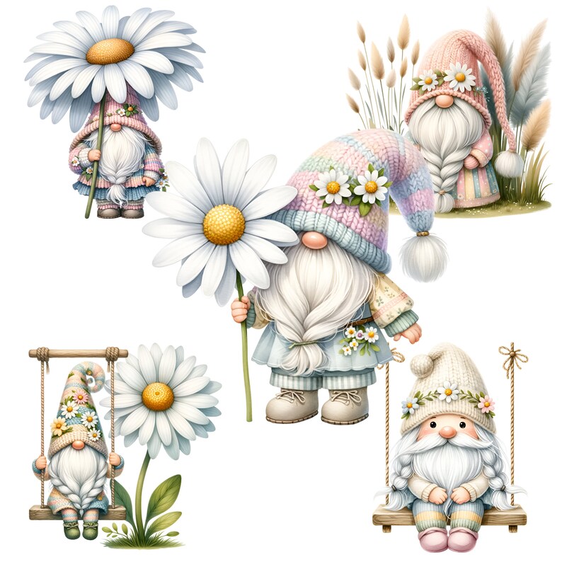 Cute Spring Gnomes With Daisy Flowers Clipart - 14 PNG Watercolor ...