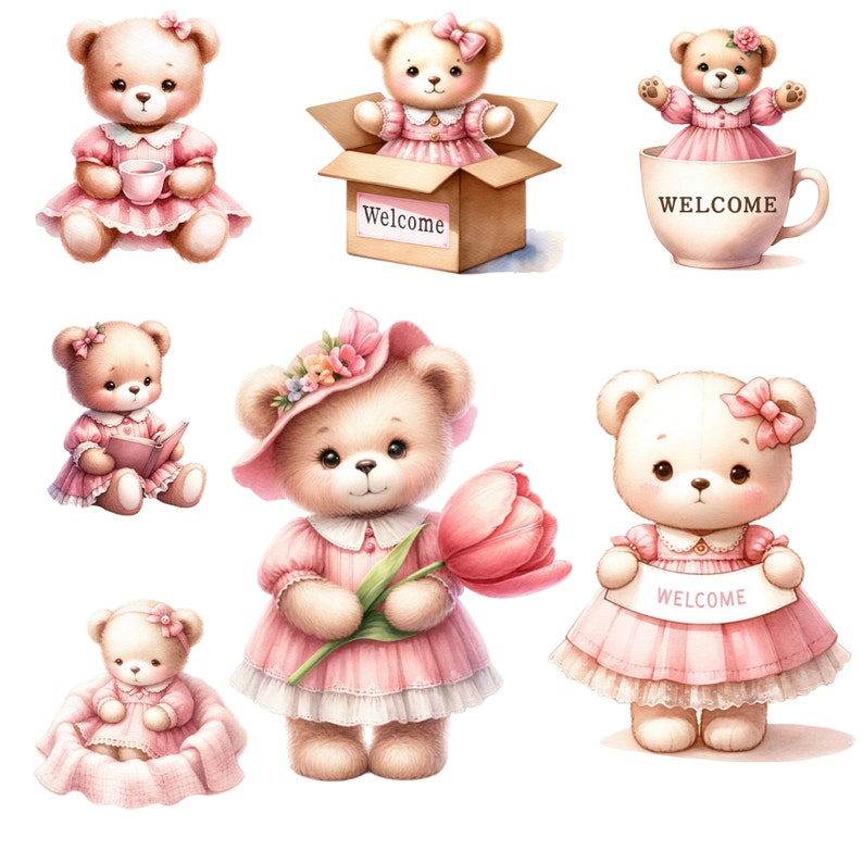 Welcome Baby Teddy Bear Clipart Bundle Png Pink Collection - Perfect ...