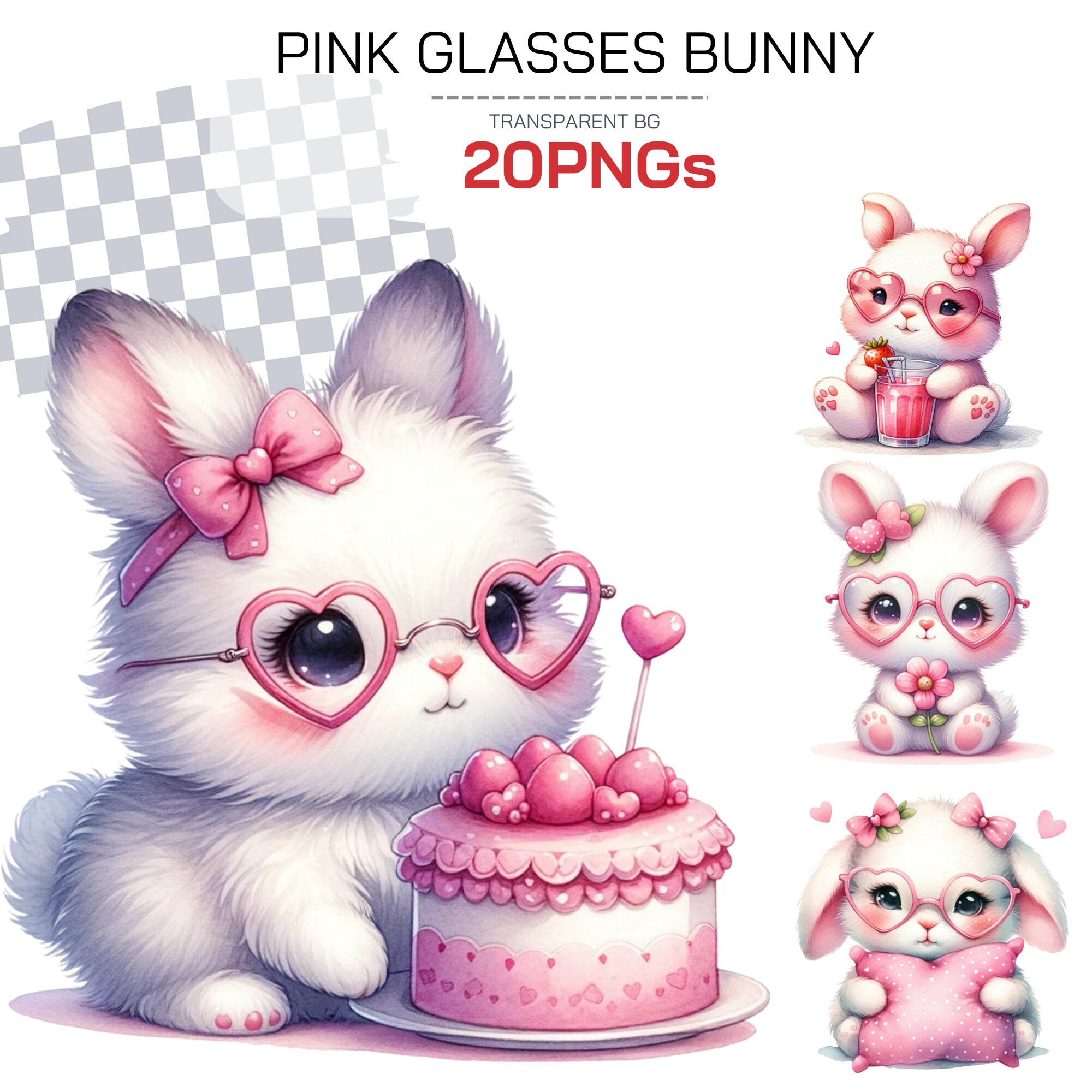 Easter Bunny Glasses PNG Pink Rabbit Clipart Collection Watercolor Hare ...