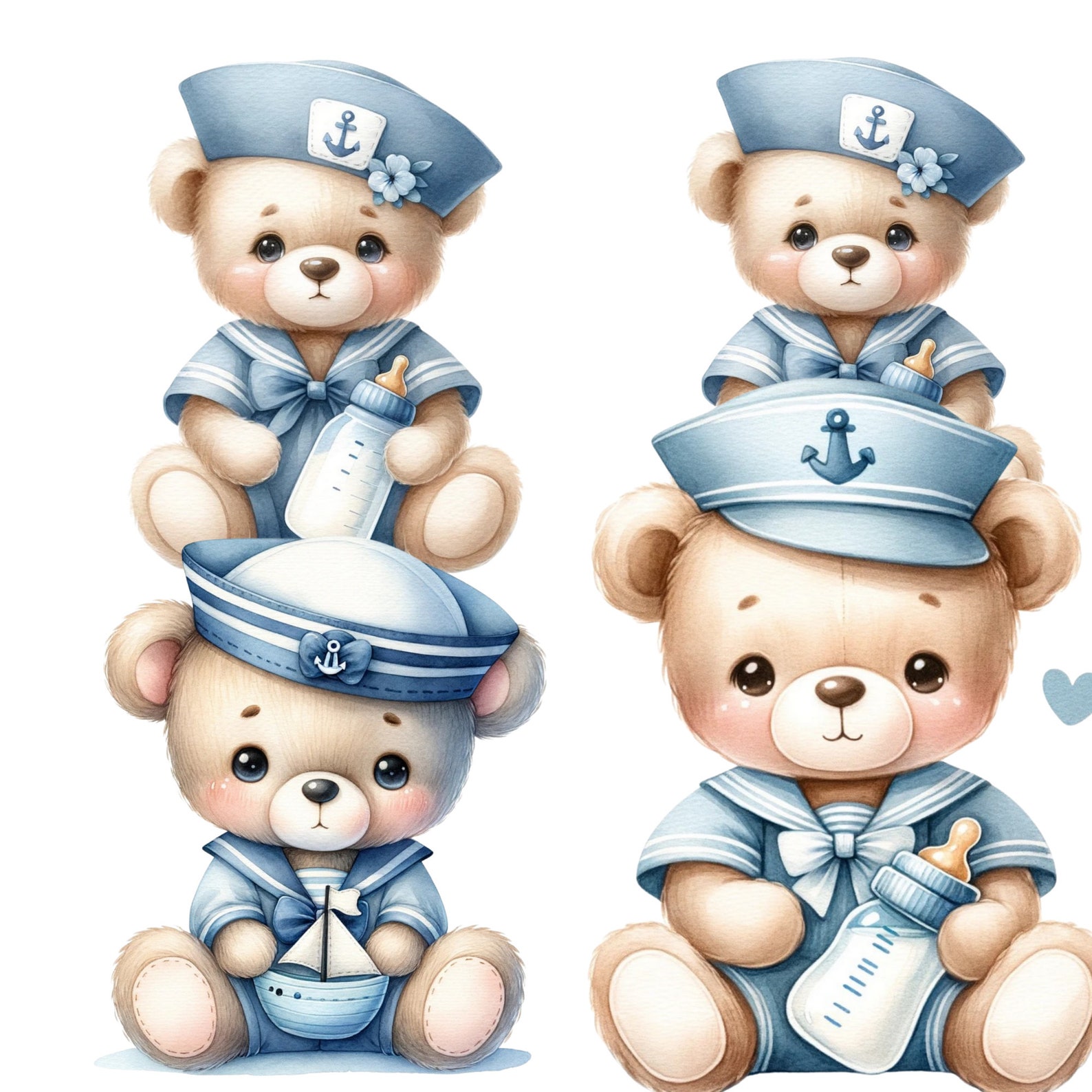 Blue Teddy Bear Baby Shower Clipart - Cute Bear in Sailor Ocean. Boho ...