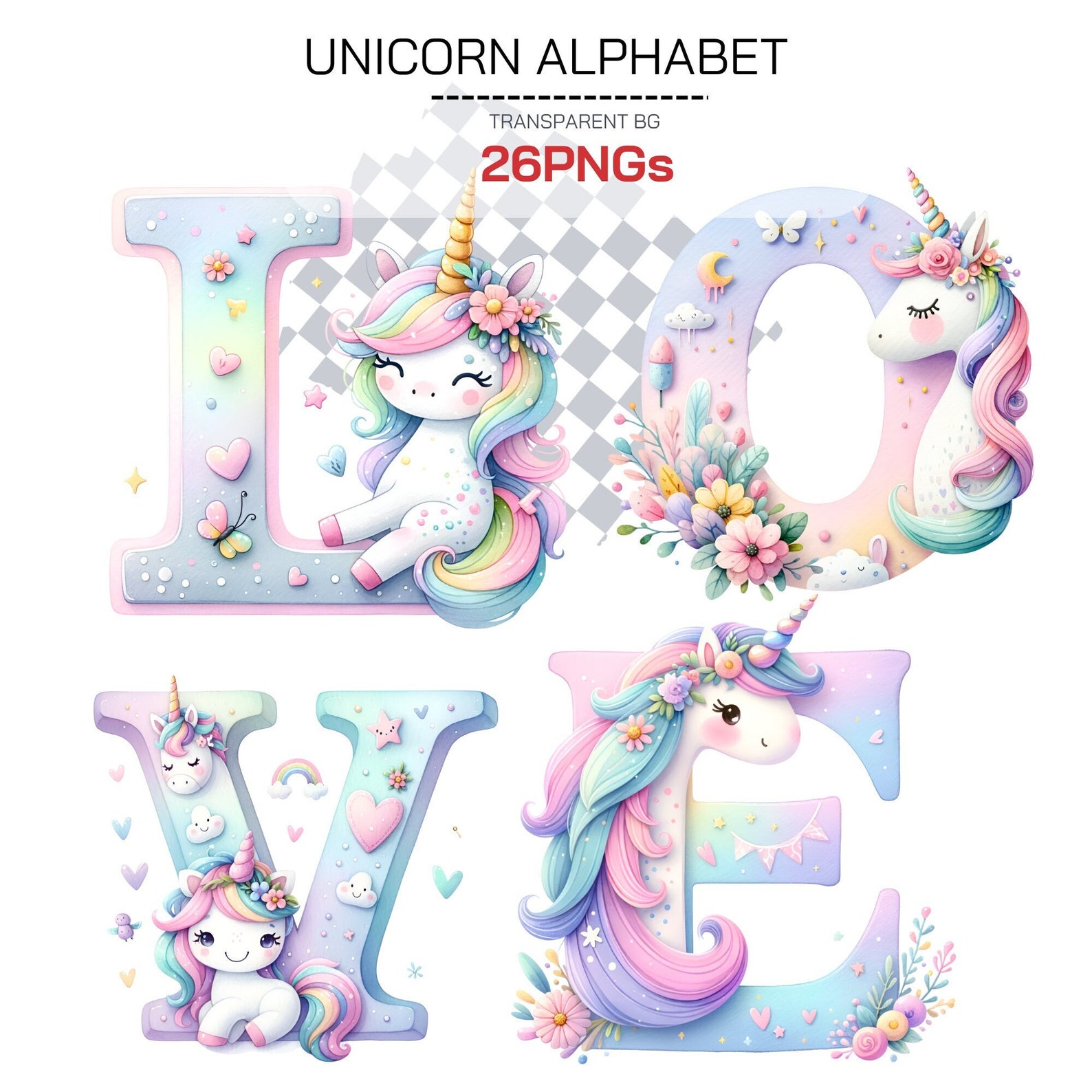 Cute Unicorn Png Alphabet - Kawaii Unicorn PNG Rainbow Pastel Magic ...