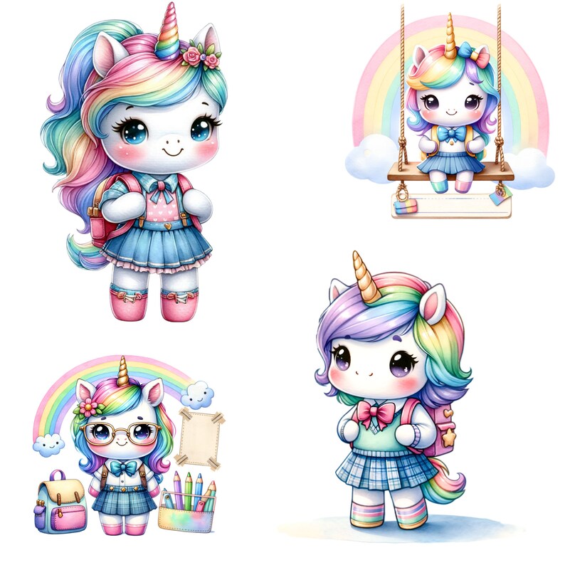 Unicorn Back to School Clipart - Cute Unicorn School PNG Set, Adorable ...