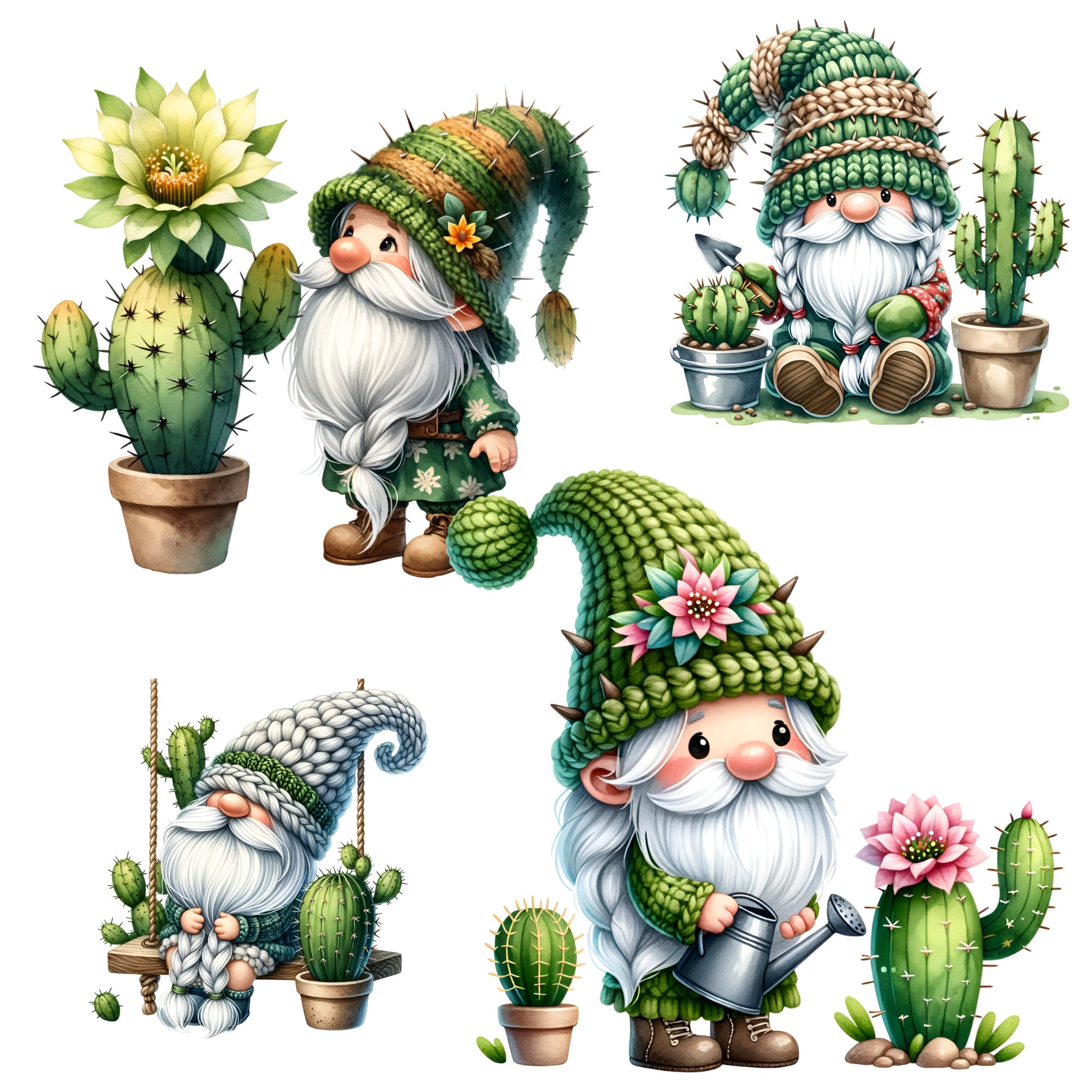 Flowering Cactus Gnome Clipart - Cute Watercolor Garden Gnomes Bundle ...