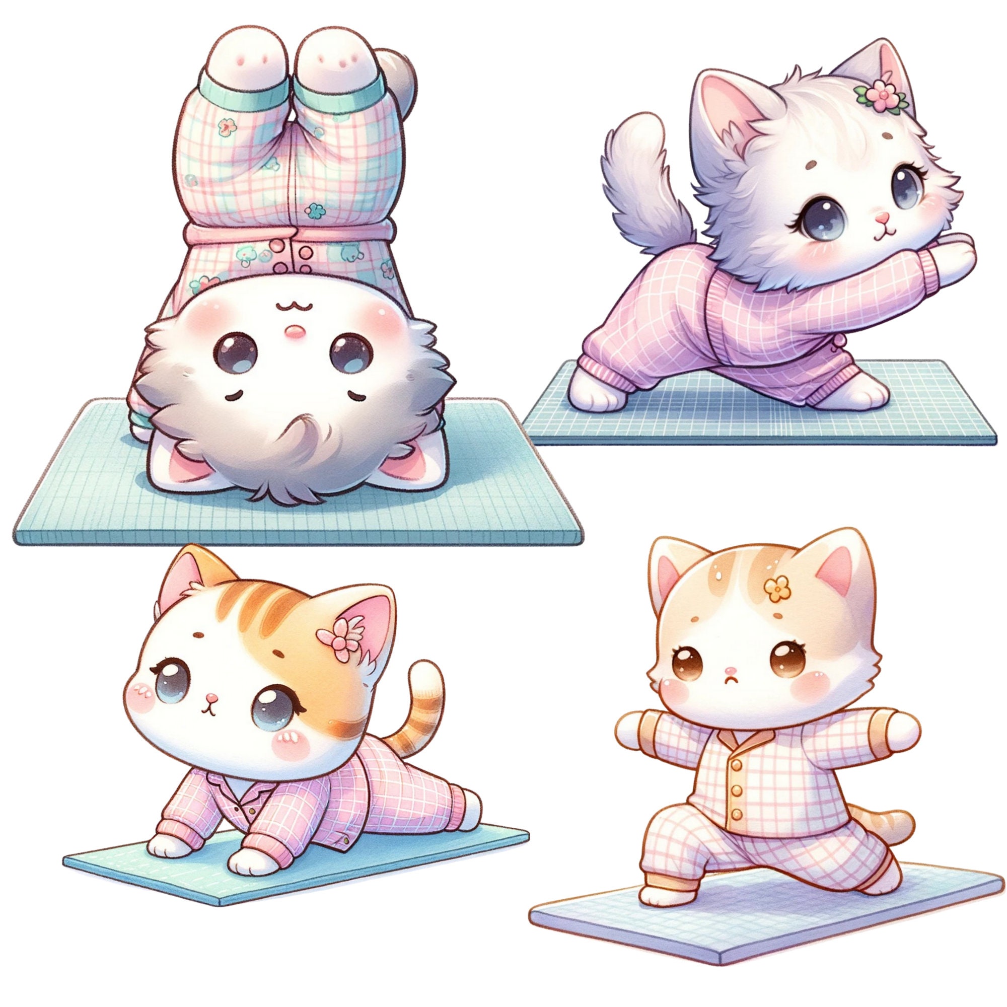 Cute Yoga Cat Clipart Collection Kawaii Cats in Pajamas, Perfect for ...