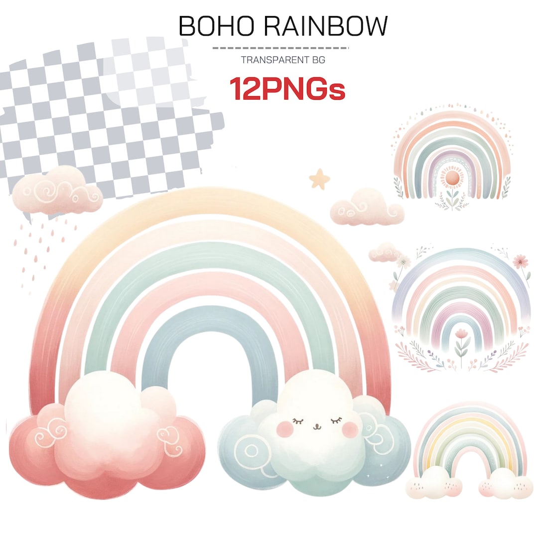 Boho Rainbow Clipart Collection - Hand Drawn Pastel Rainbow Pngs ...