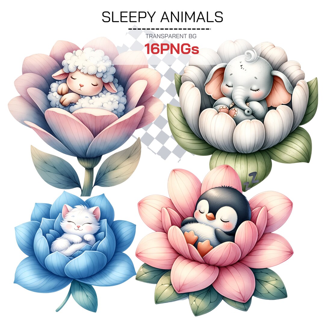 Sleepy Animal Clipart Baby Shower Gift Adorable Baby Animals PNG Cute ...