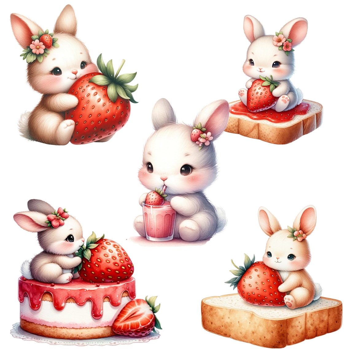 Strawberry Bunny Clipart Collection Adorable Easter and Baby Shower ...
