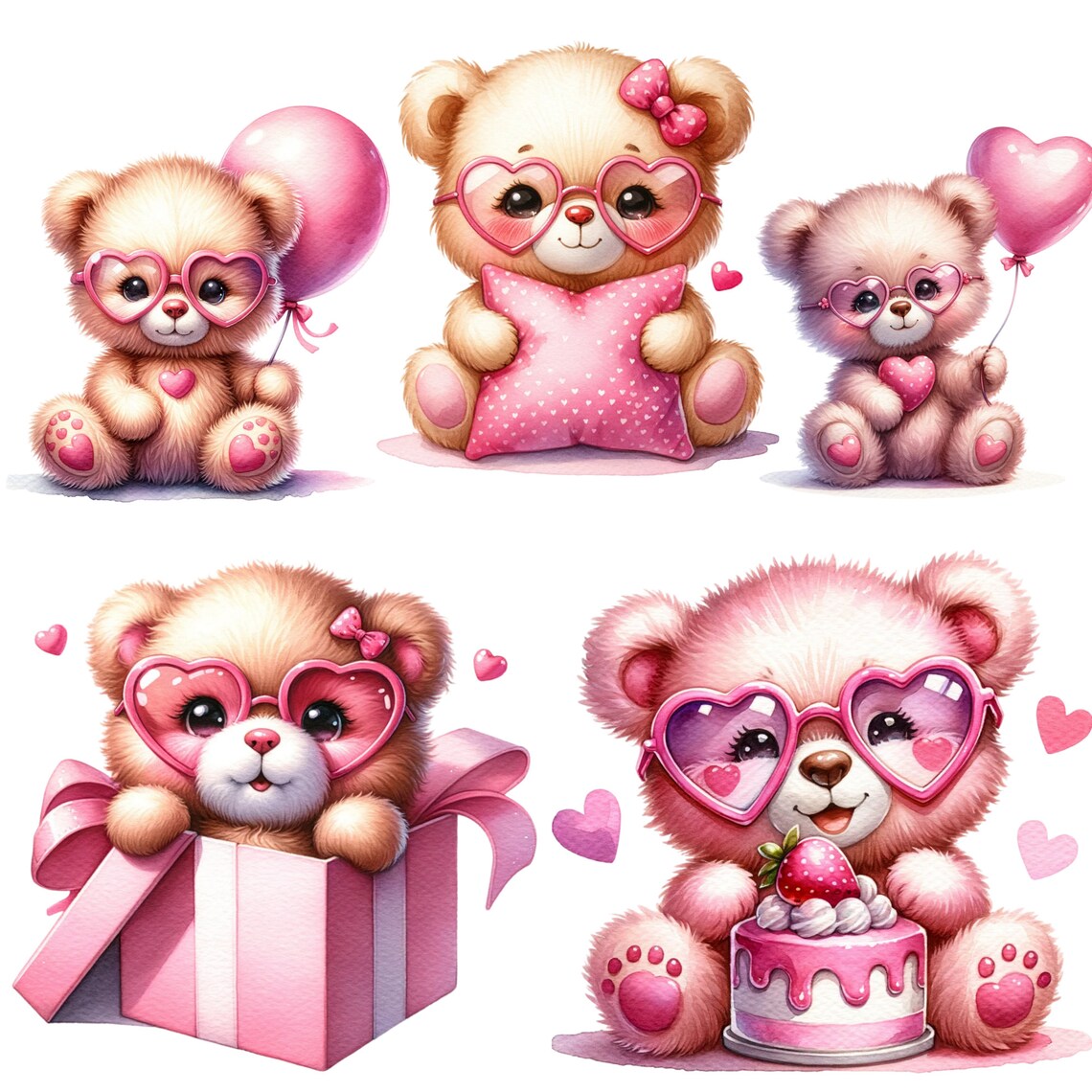 Pink Teddy Bear Clipart Bundle Set Wear Glasses, Adorable Pink Baby ...