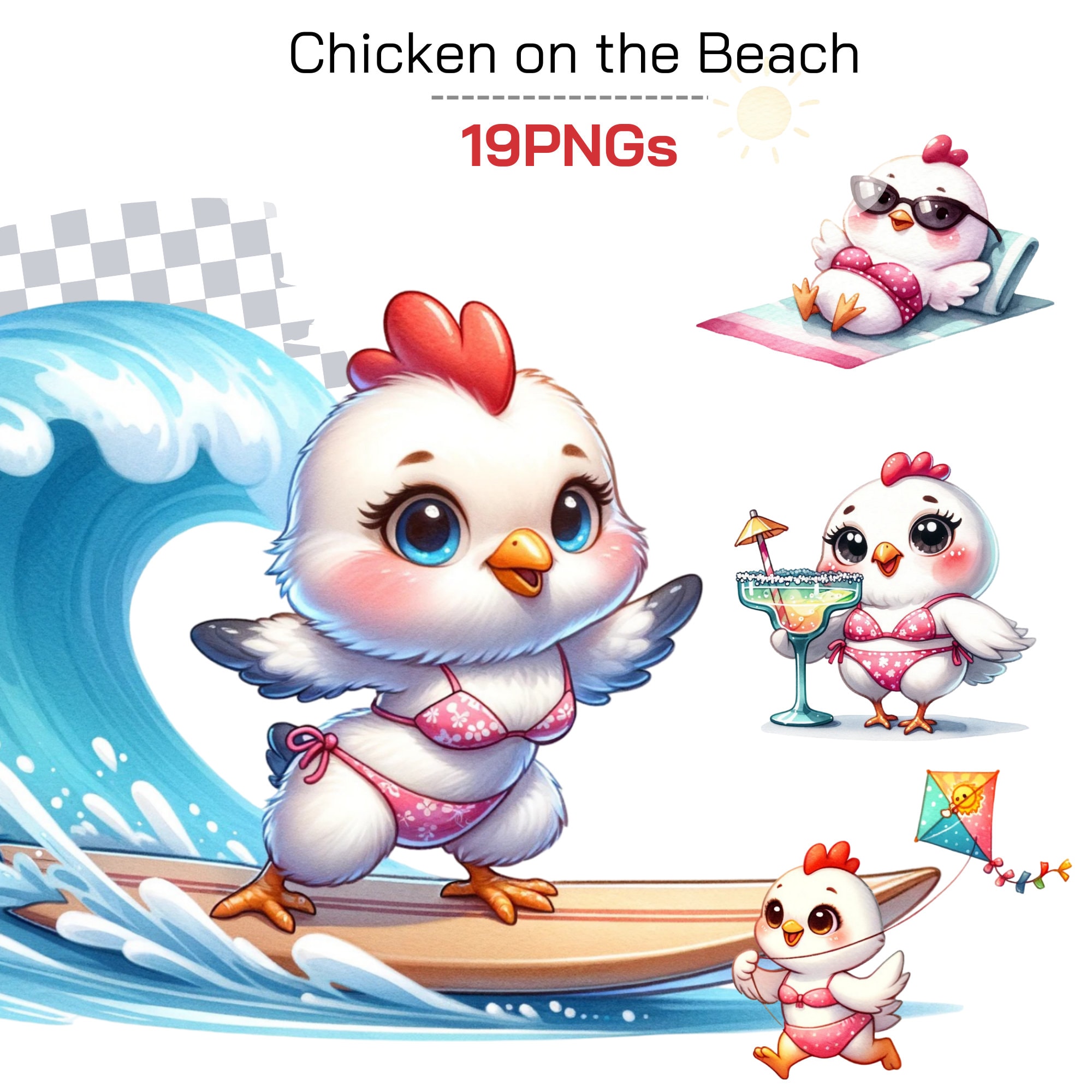 Beach Chicken Clip Art Collection Summer Chicken in Swimsuit & Bikini ...