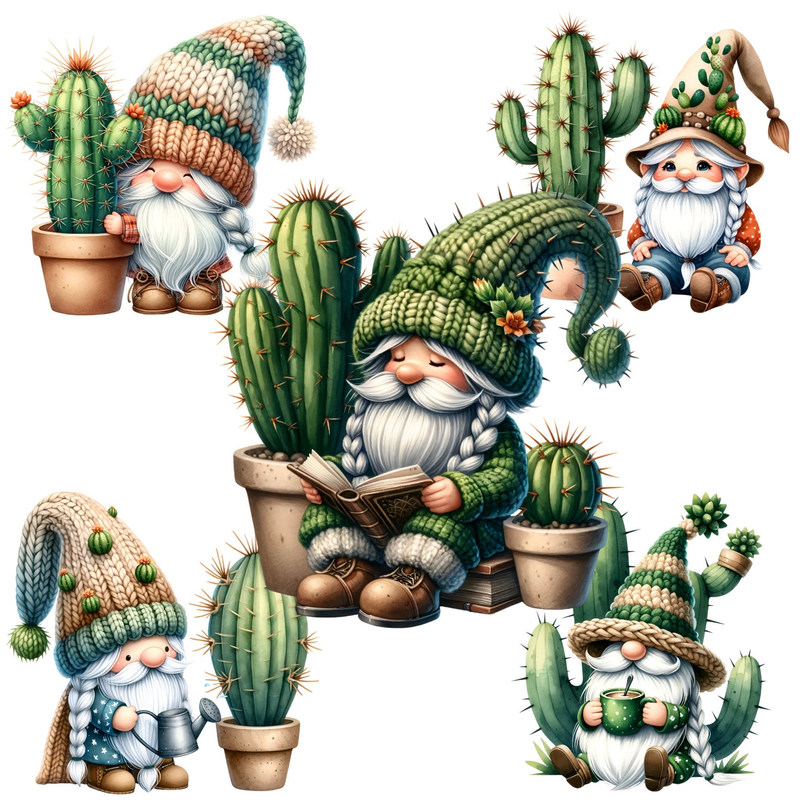 Flowering Cactus Gnome Clipart - Cute Watercolor Garden Gnomes Bundle ...