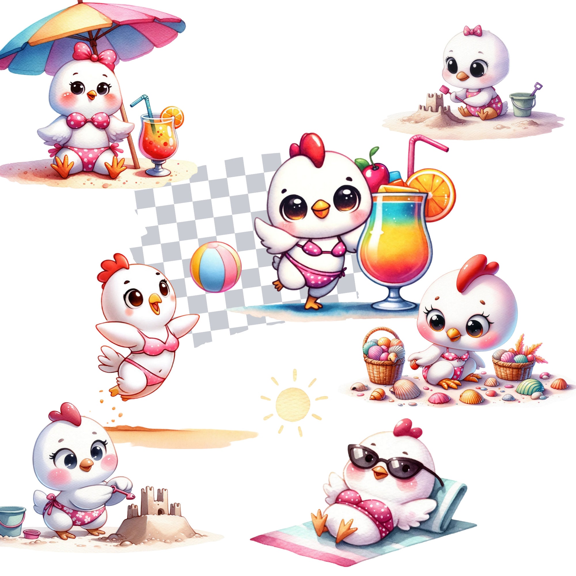 Beach Chicken Clip Art Collection Summer Chicken in Swimsuit & Bikini ...
