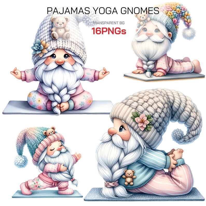 Gnome in Pajamas Yoga Clipart - Cute Watercolor Gnome Graphics ...