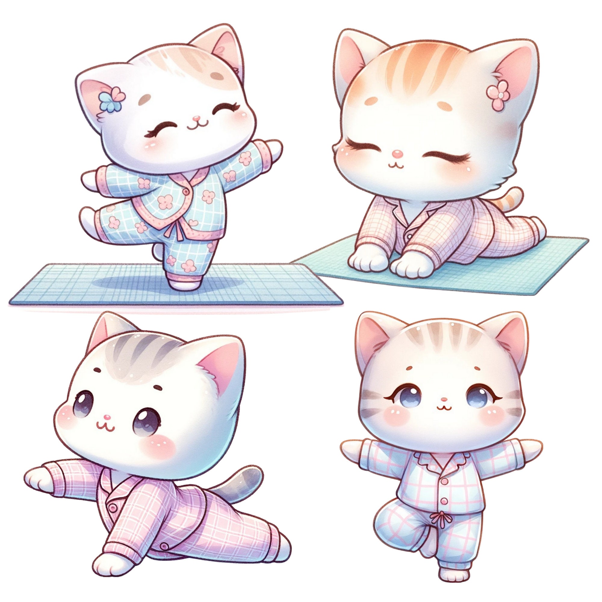 Cute Yoga Cat Clipart Collection Kawaii Cats in Pajamas, Perfect for ...