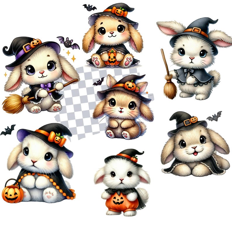 Halloween Bunny Clipart Collection | Cute Witch Rabbit in Nursery Decor ...
